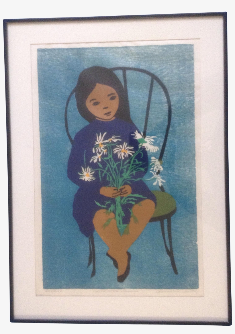 Rosalind Smith, Woodcut Etching, Child With Daisies - Woodblock ...