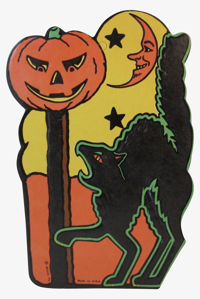 Halloween Black Cat Jack O Lantern And Moon Embossed - Old Halloween ...