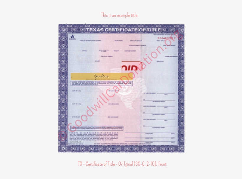 Tx Certificate Of Title Oritginal 30 C 2 10 Front - Texas Car Title PNG ...