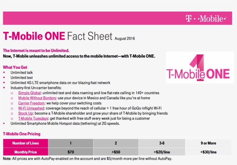 T-mobile One Fact Sheet Image - T Mobile One Plan Details PNG Image ...