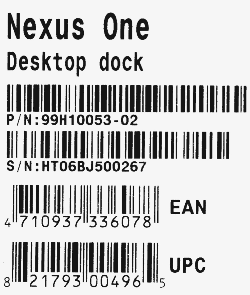 Label Of The Nexus One Desktop Dock With 2 Gtin Codes - Global Trade ...
