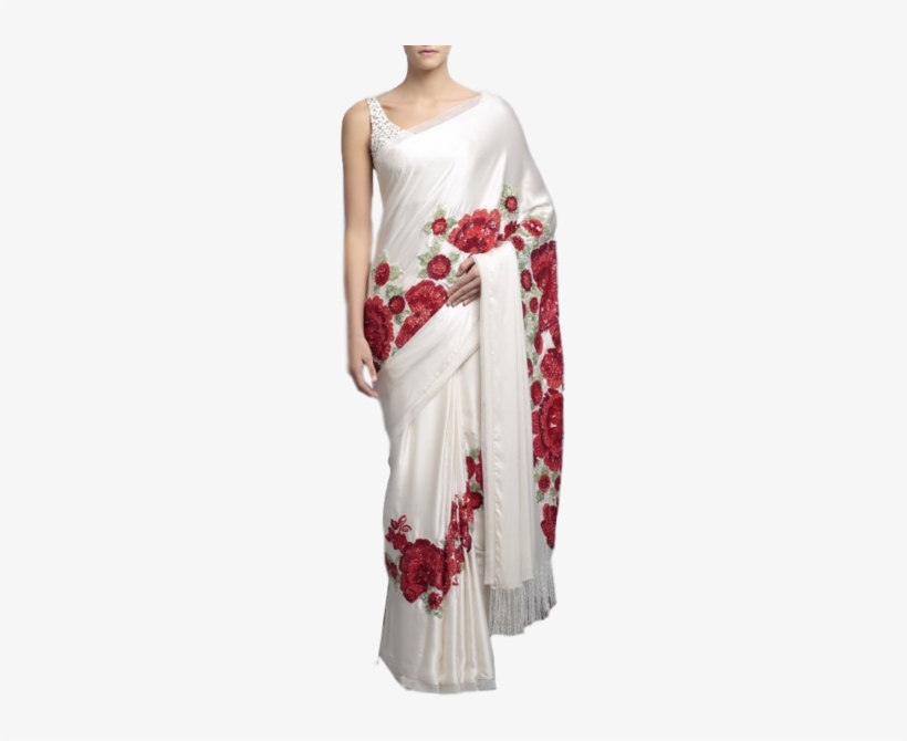 Download Designer Saree In Ivory Color With Floral Embroidery - White ...