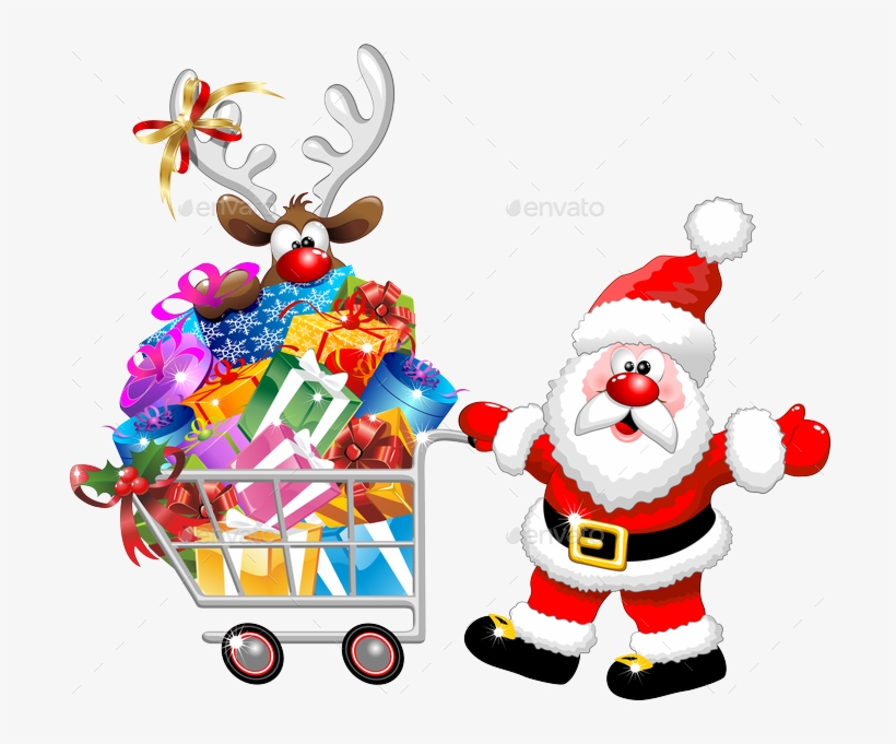 Santa Pushing Shopping Cart With Reindeer-png Preview - Cartoon Santa ...