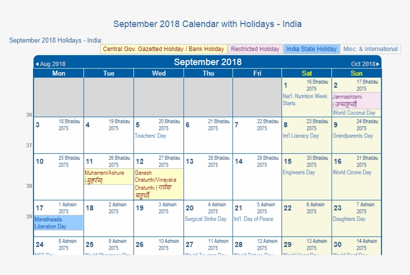 September 2018 Calendar Holidays Calendar Template - September 2018 ...
