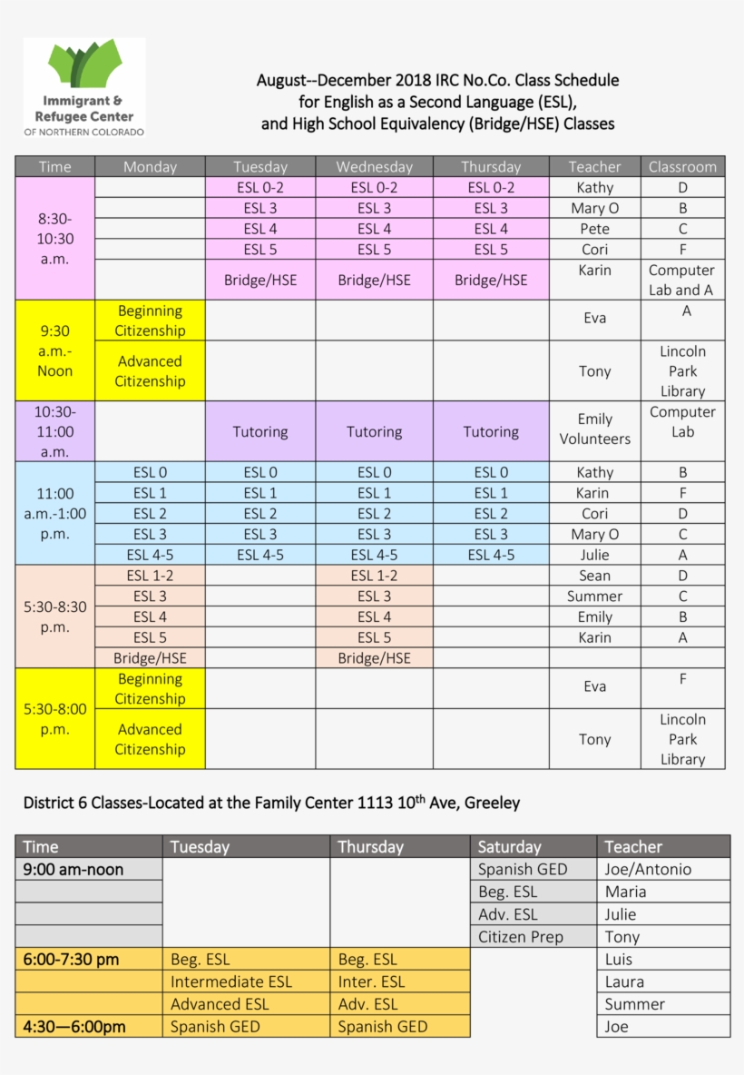 Class Schedule Adult Esl For Fall 2018final-0 - Portable Network ...