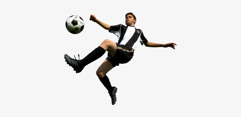 A Boy In A Black And White Football Kit Leaping In - Soccer Kick PNG ...