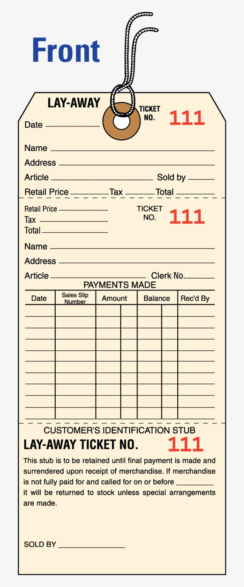 Layaway Hang Tag With Detachable Numbered Ticket Front - Standard ...