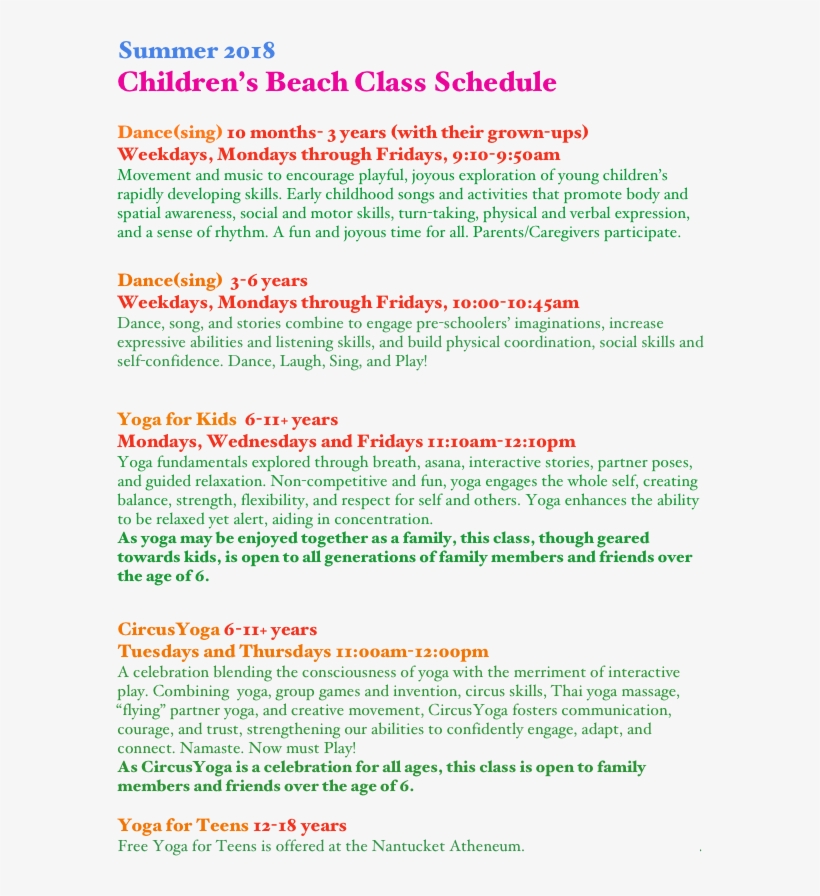 Summer 2018 Children's Beach Class Schedule Dance 10 - Wonderful Summer ...