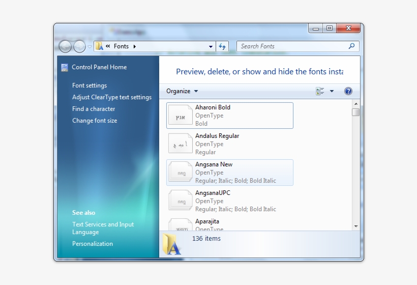 Screen Shot Showing The Font Control Panel In Windows - Windows 7 PNG ...