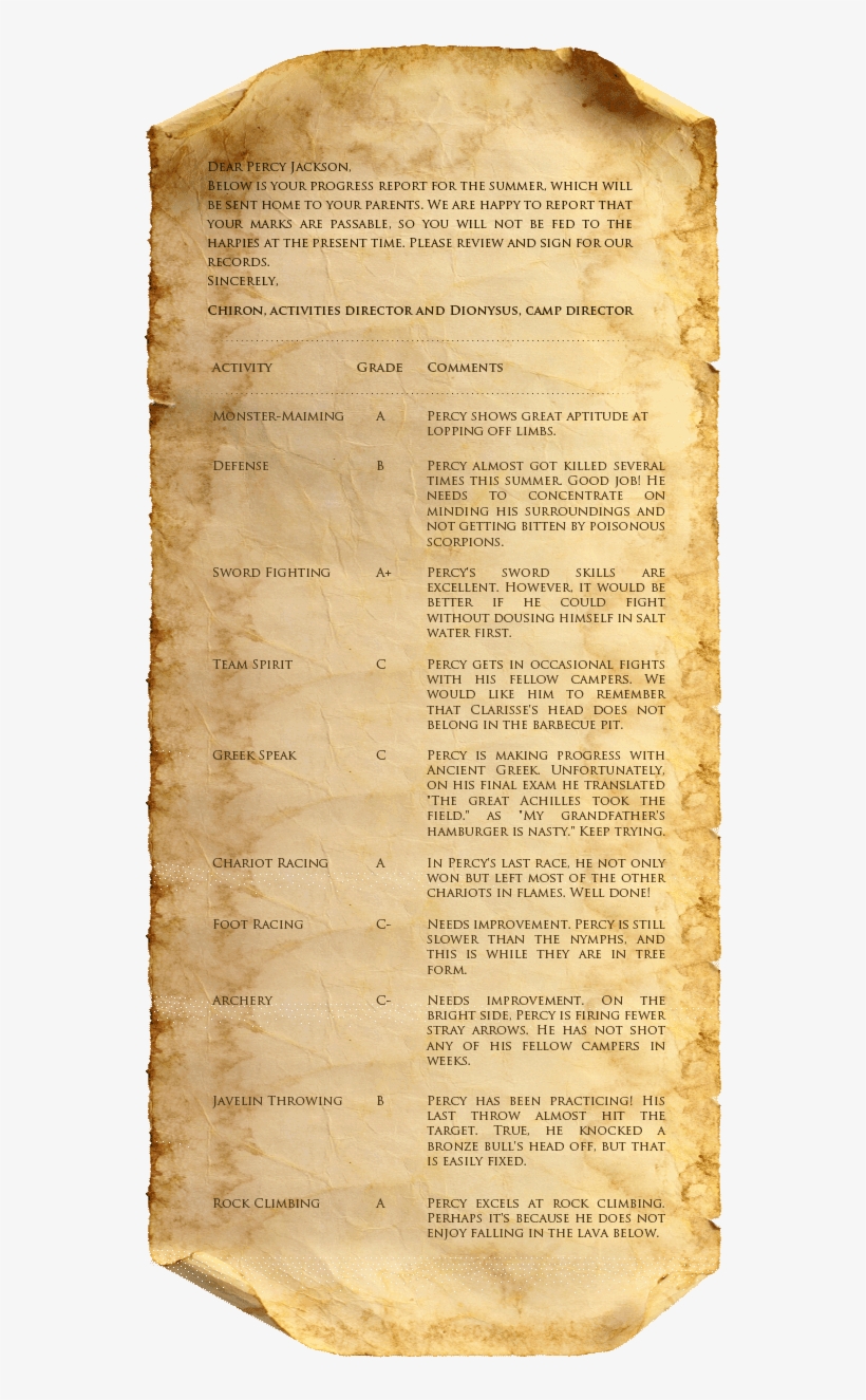 Download Percy's Progress Report - Percy Jackson Schedule | Transparent ...