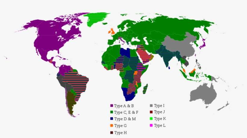 Types Of Power Plugs And Sockets Used By Country - Red And Blue Map Of ...