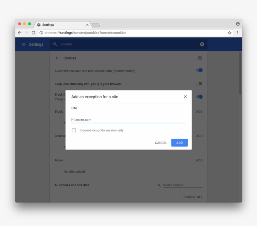 Screen Shot Showing Ui For Adding An Exception - Allow Cookies Ui PNG ...