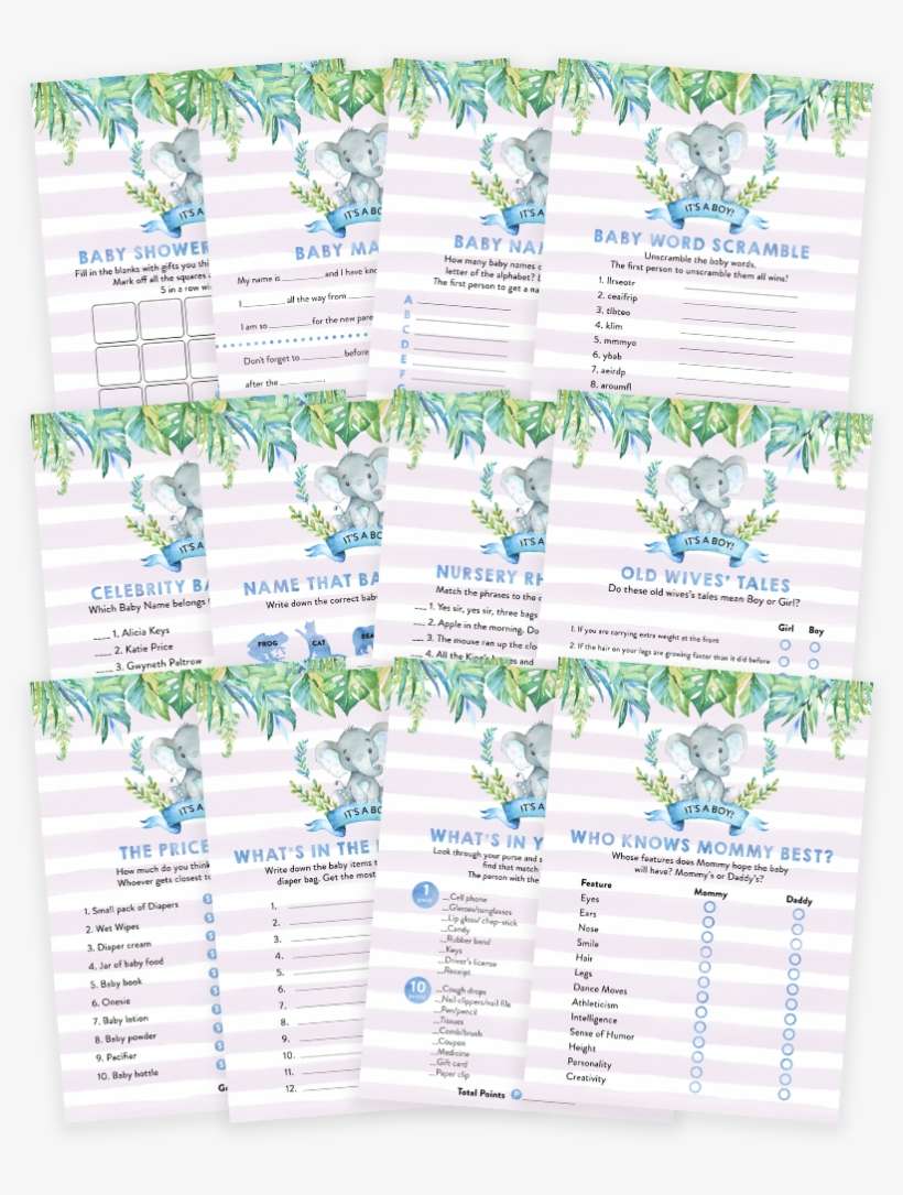 Download Blue Elephant Safari Baby Shower Game Pack - Number ...