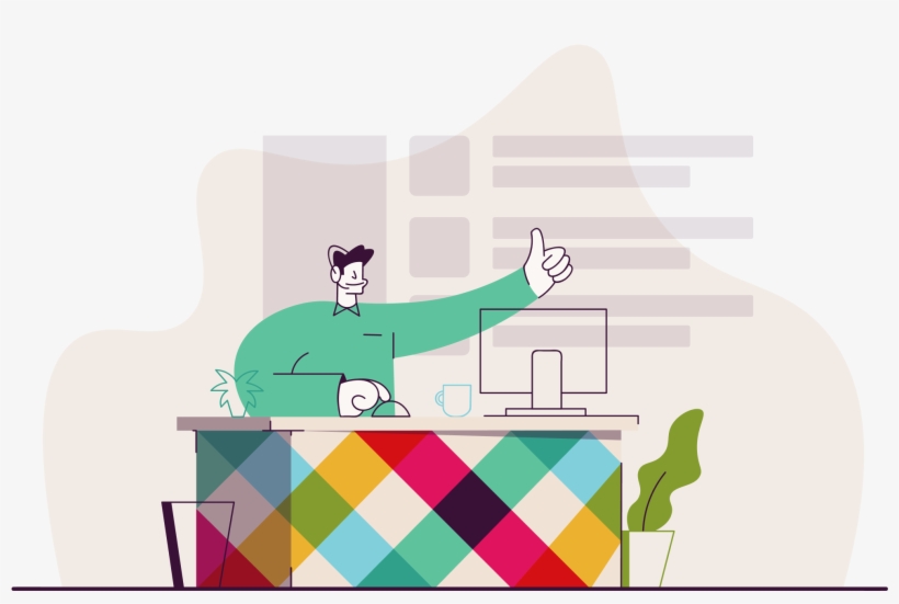Illustration Of Support Team Member Sitting At A Slack-styled - Cartoon ...
