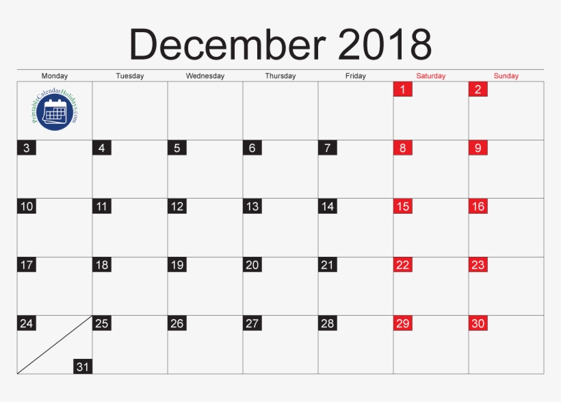 December 2018 Monthly Calendar In Pdf Jpg Printable - Number PNG Image ...