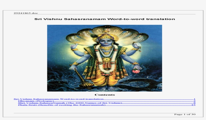 Sri Vishnu Sahasranamam Word To Word Translation Contents - Lord Vishnu ...