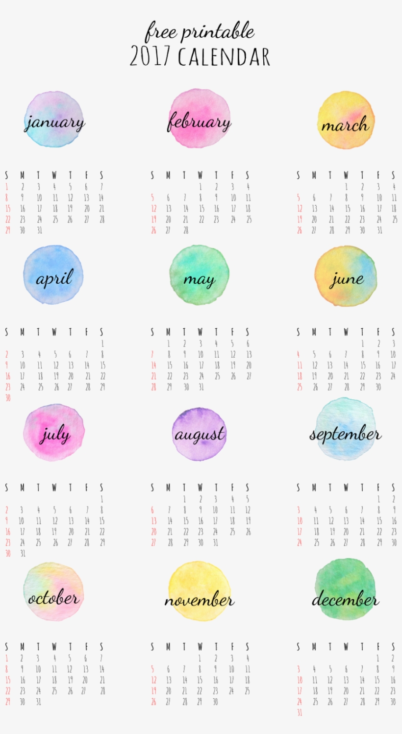 Free Watercolor 2017 Calendar - 2018 Watercolor Year At A Glance Free ...
