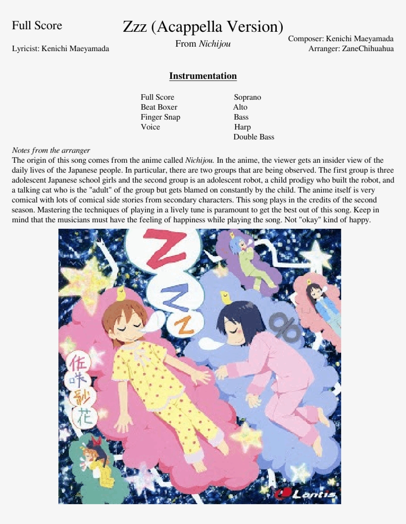 Zzz Sheet Music For Percussion, Voice, Bass Download - Sasaki Sayaka ...