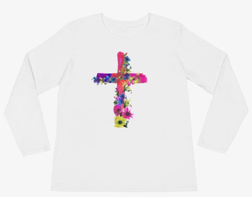 Watercolor Flowers & Cross Ladies Long Sleeve T-shirt - Cross PNG Image ...