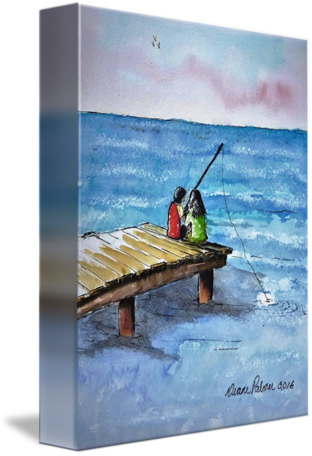 Vector Free Library Dock Drawing Watercolor - Kids Fishing Off The Dock ...
