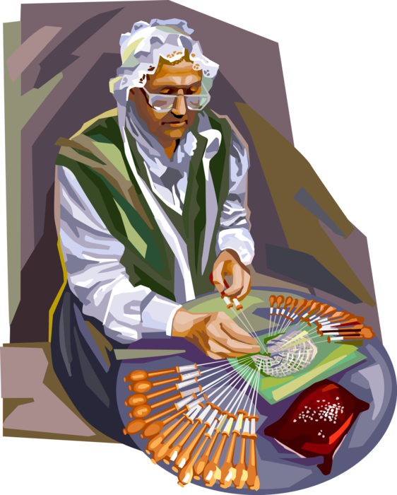 Vector Illustration Of Lace Maker At Work In Bruges, - Lace Making Clip ...