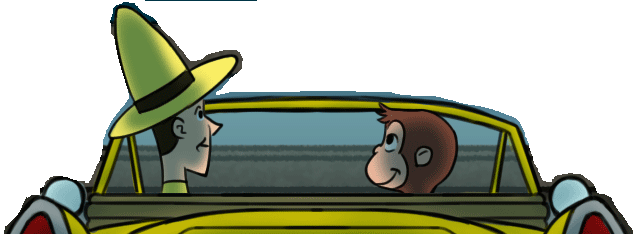 Curious George In Car (633x234), Png Download