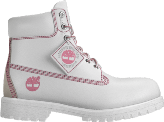 All White W/ Pink Trim Timbs - Work Boots (458x343), Png Download