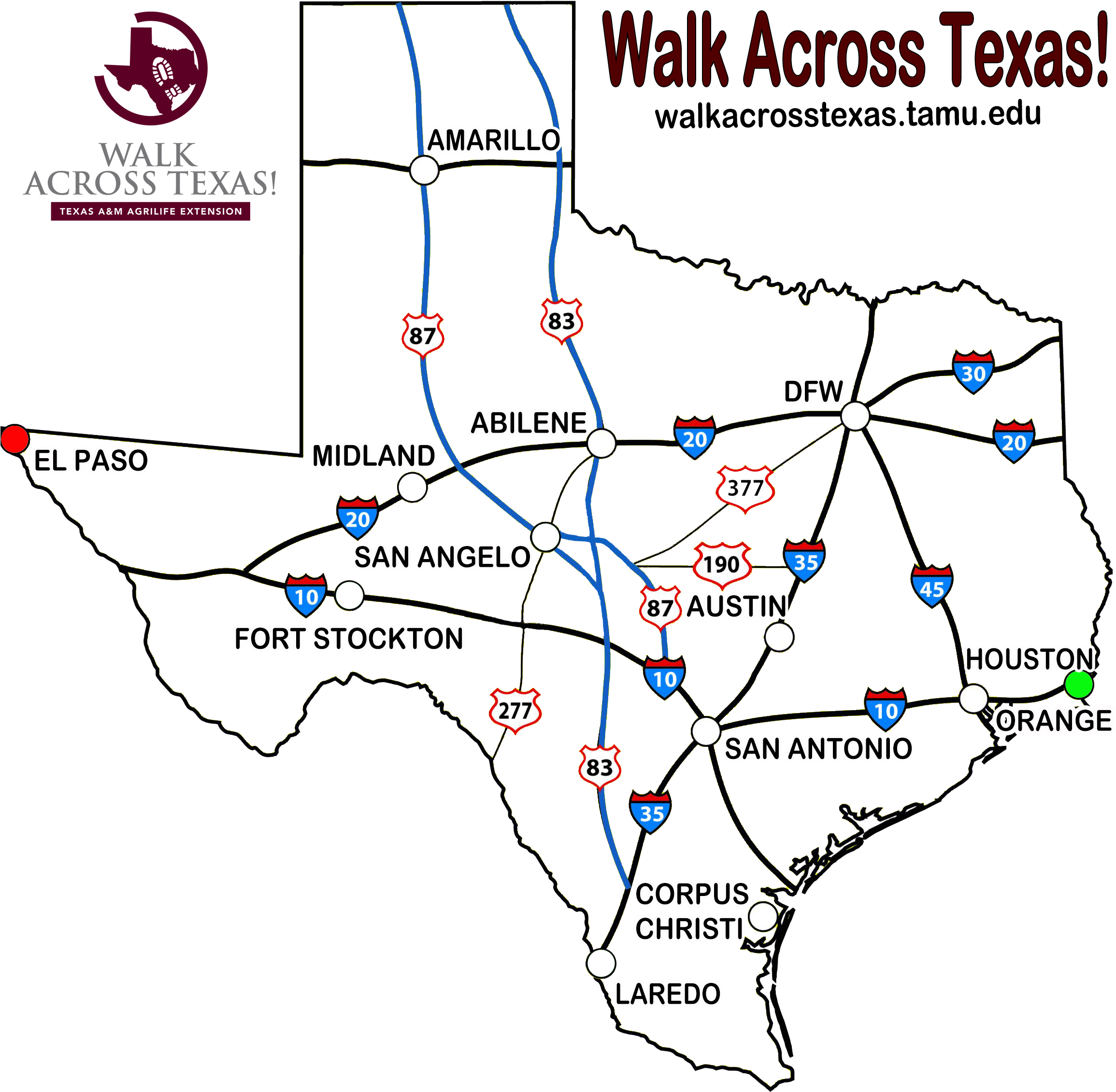 Walk Across Texas Example Map (2326x2290), Png Download