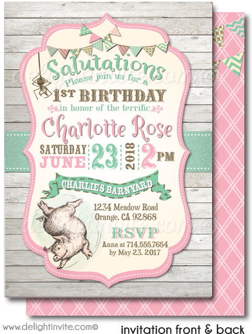 Vintage Charlotte's Web Girl 1st Birthday Invitations - Salutations ...