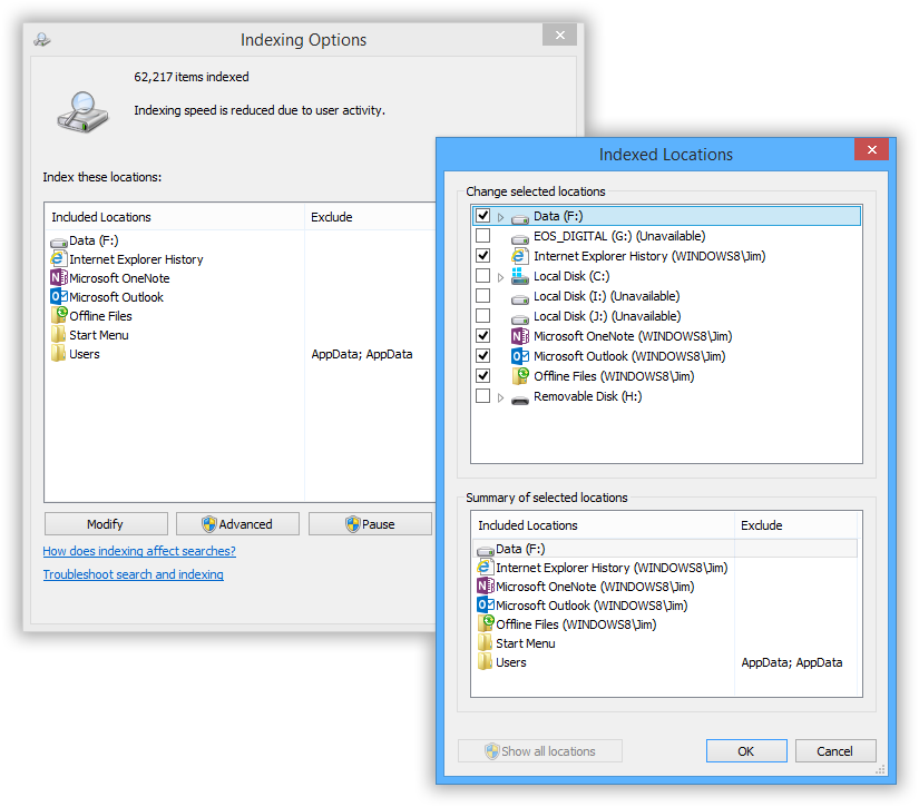 Windows Search Indexed Locations - Indexing Options (825x725), Png Download