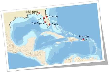 Map Of Florida With Usgs Offices - Water (450x295), Png Download