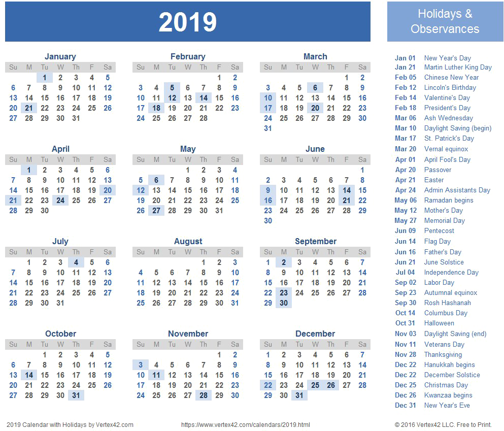 2019 Calendar Png Hd - 2018 Calendar Printable With Holidays (1032x868 ...