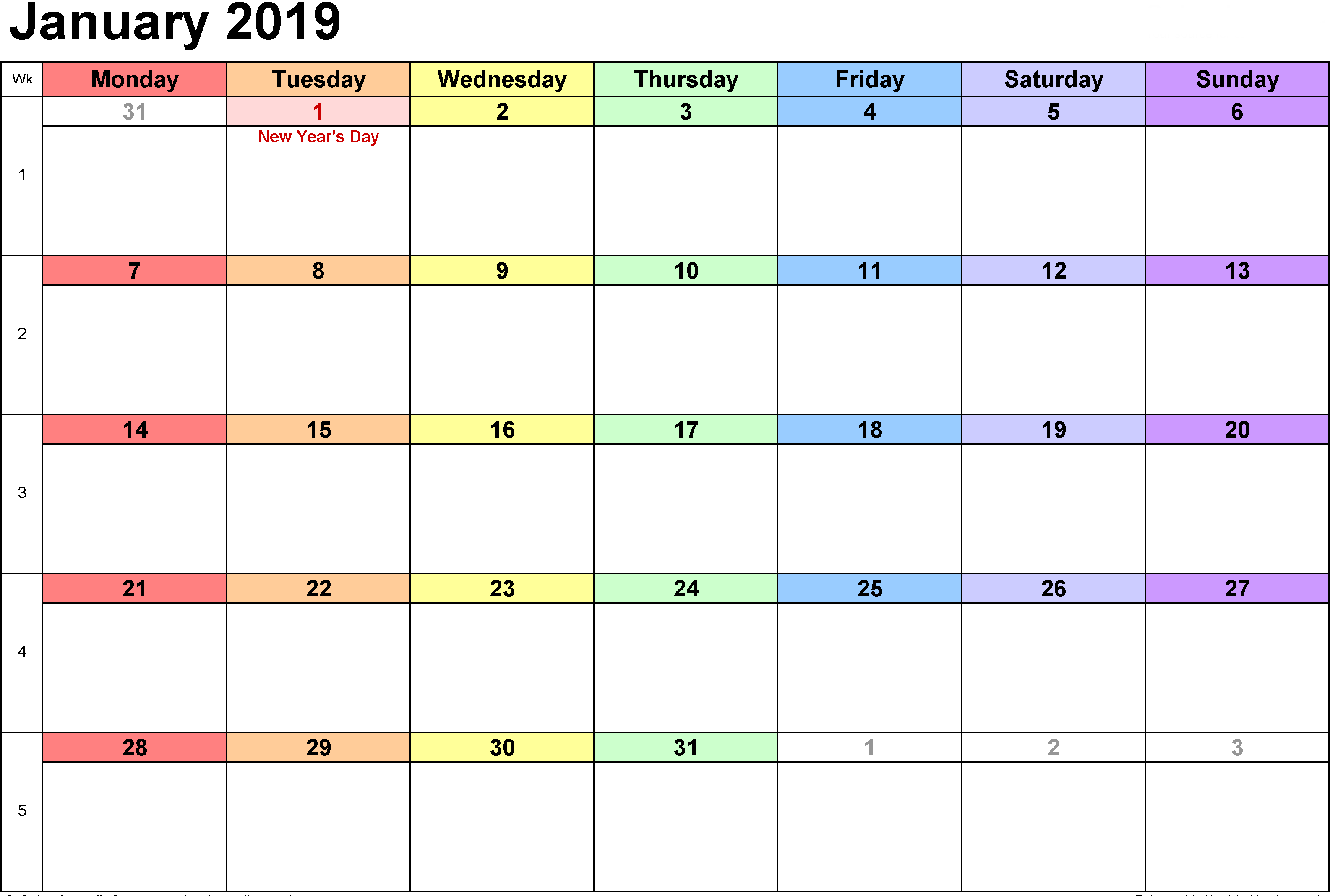 Download Calendar 2019 Rainbow Png - November 2018 Calendar Printable ...