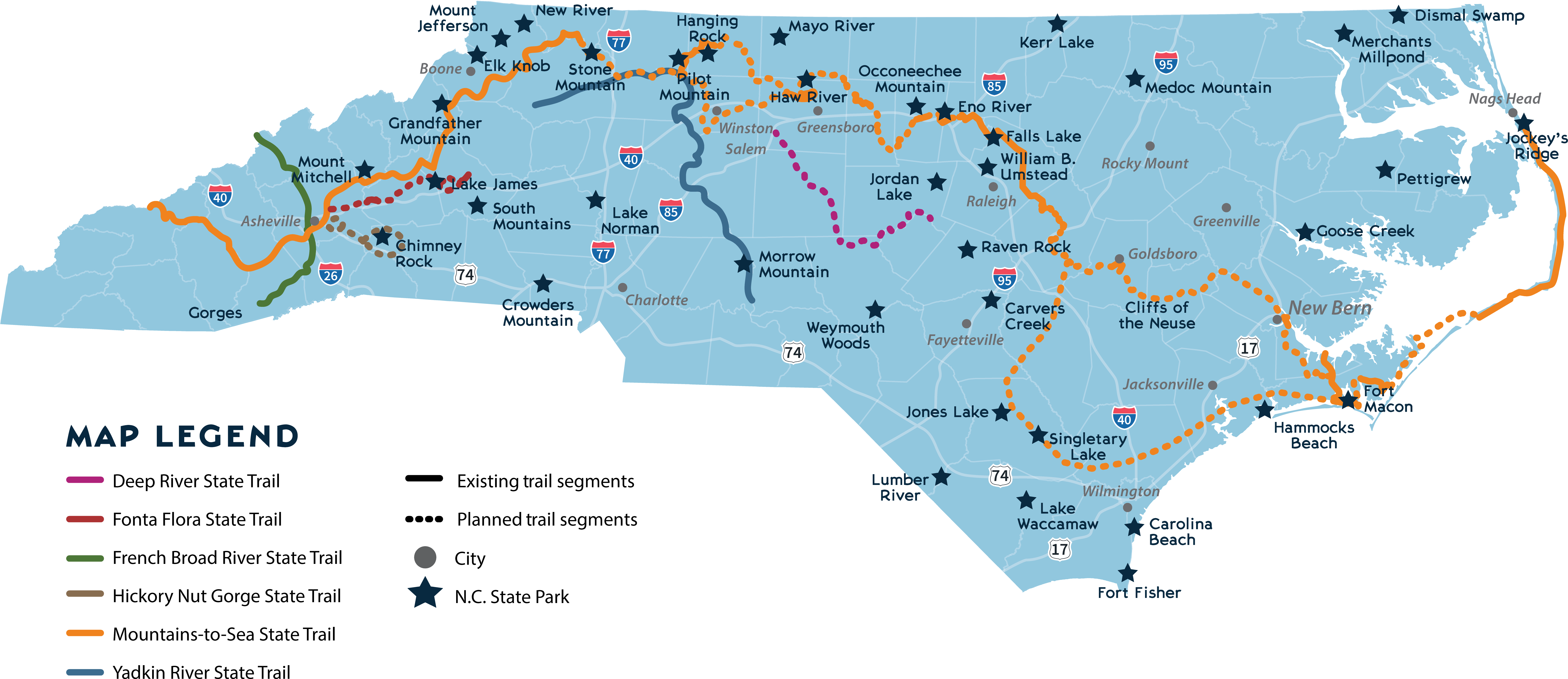 Nc State Parks System Map - Map Of North Carolina (7920x3600), Png Download