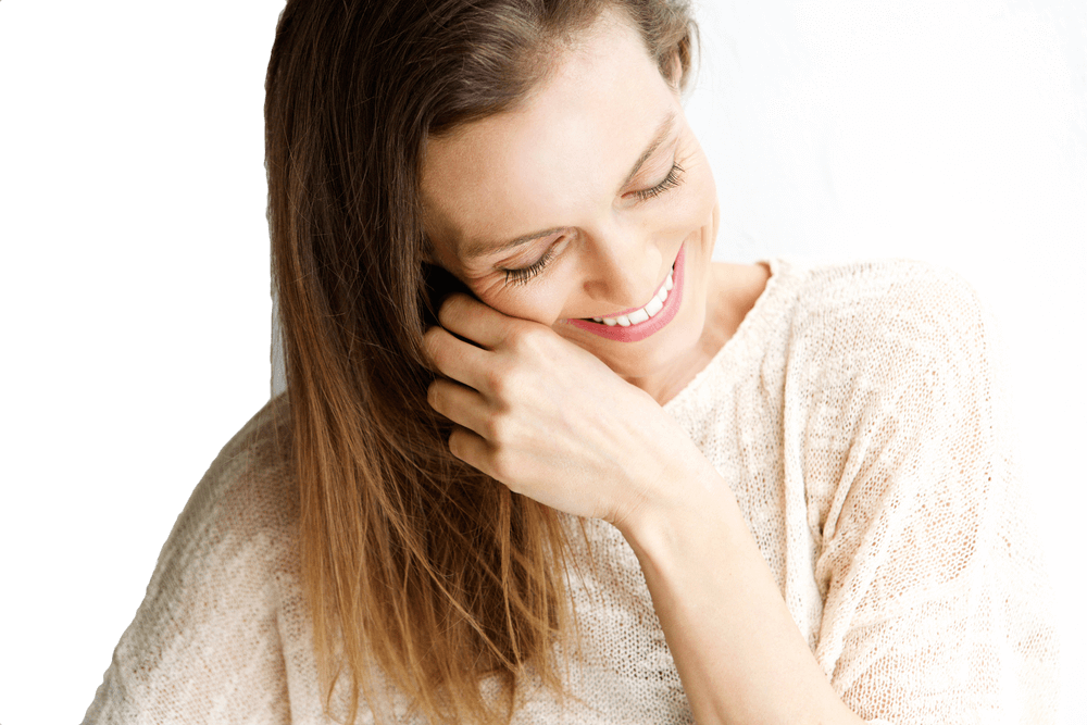 Happy Woman Looking Down - Skin (1000x667), Png Download