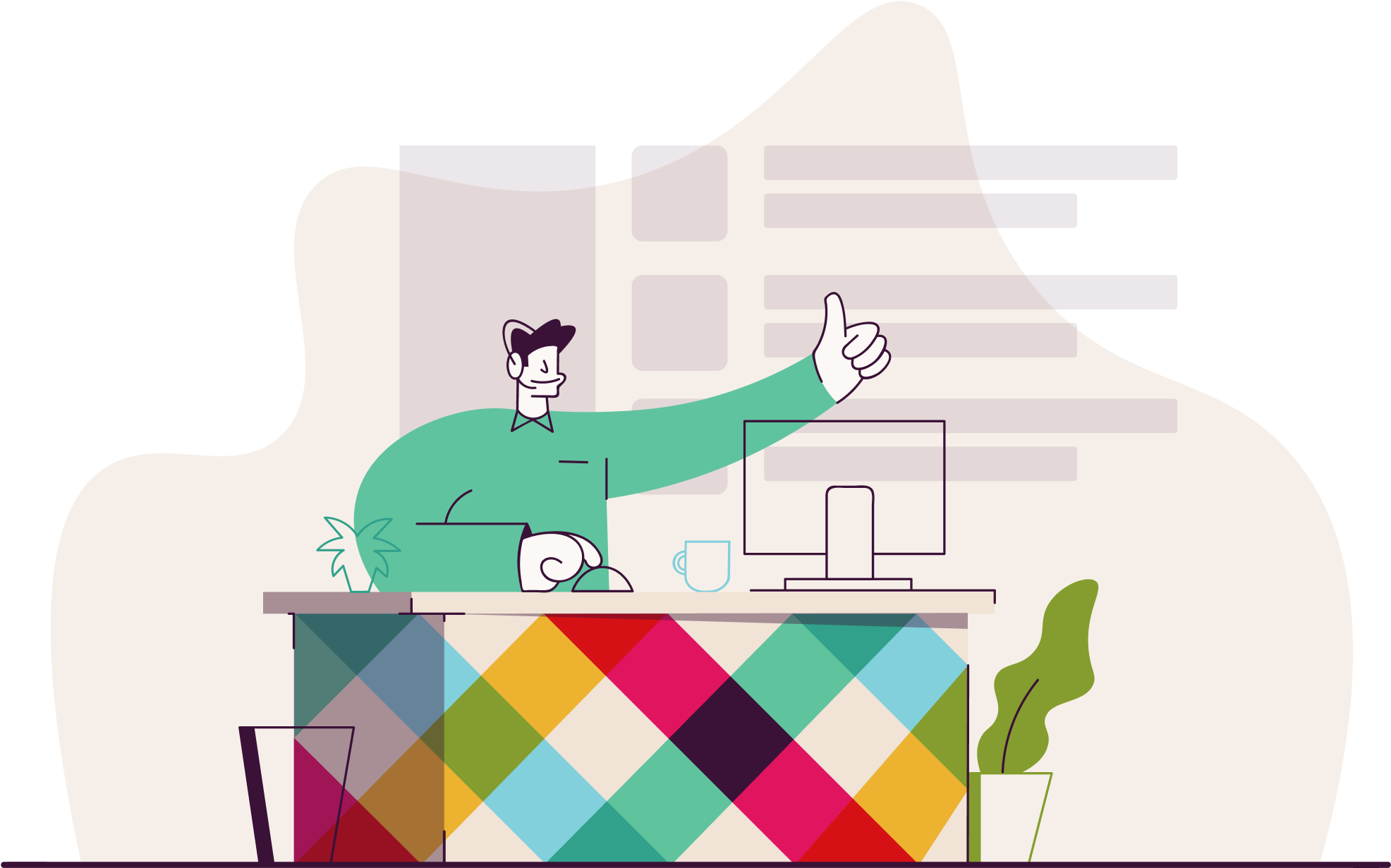 Illustration Of Support Team Member Sitting At A Slack-styled - Cartoon ...