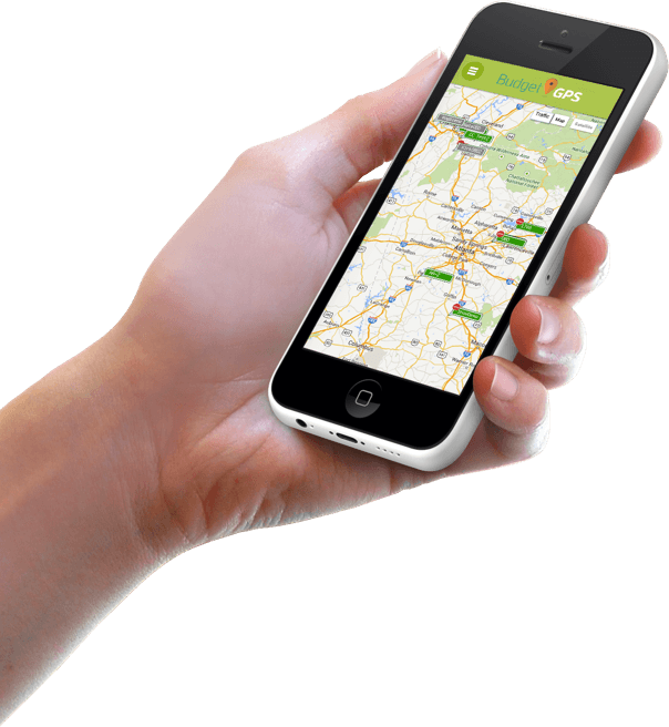 Hand Holding Iphone With Budgetgps Application - Wireless Bluetooth ...
