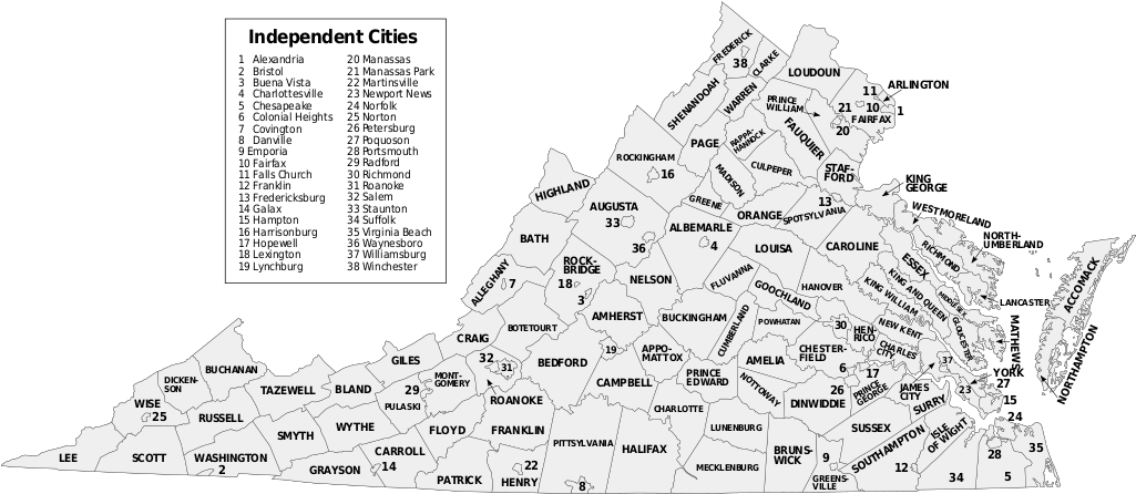 Map Of Virginia Counties And Independent Cities - Virginia Map With ...