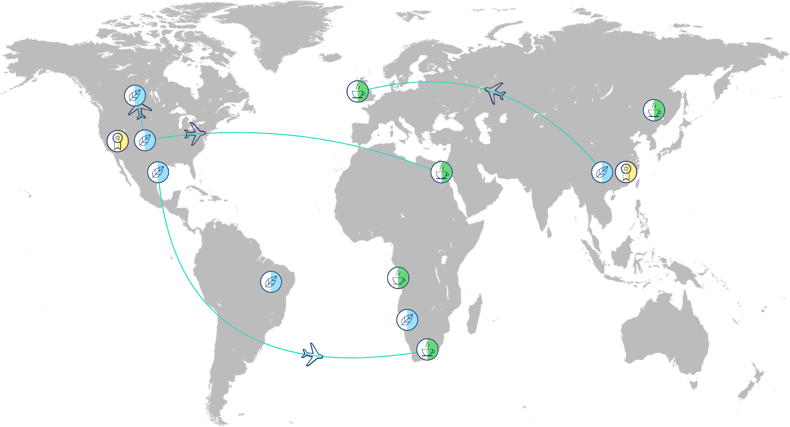A World Map With Icons Of Coffee Beans Representing - Map Of The World ...