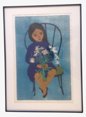 Rosalind Smith, Woodcut Etching, Child With Daisies - Woodblock ...