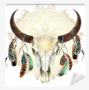 Watercolor Cow Skull With Feathers Wall Mural • Pixers® - Steer Skull ...
