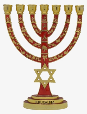 Rounded Brass Menorah Decorated With Red Enamel Symbols - Menorah PNG ...