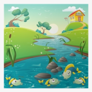Landscape With River And Funny Fish - Fish In River Clipart PNG Image ...