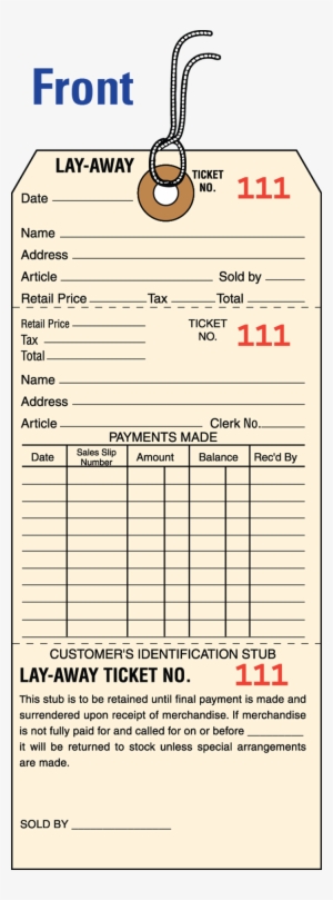 Layaway Hang Tag With Detachable Numbered Ticket Front - Standard ...